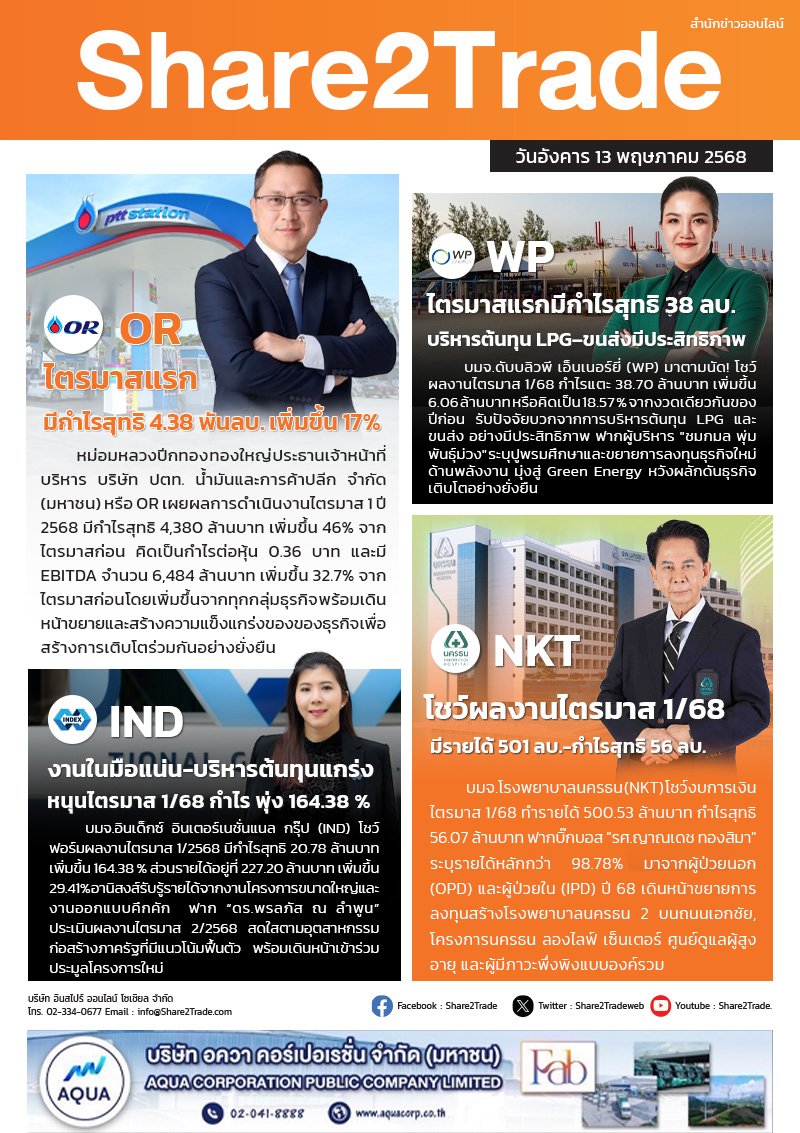 หนังสือพิมพ์อิเล็กทรอนิกส์ Share2Trade 13 พ.ค. 2568 (OR, NKT, IND,WP) | Share2Trade